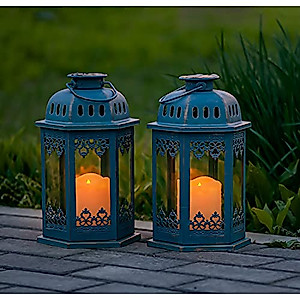 SteadyDoggie Solar Lanterns 2 Pack Blue - Hanging Solar Lights with Flickering Candle LED - Retro Ornate Hanging Solar Lantern with Handle