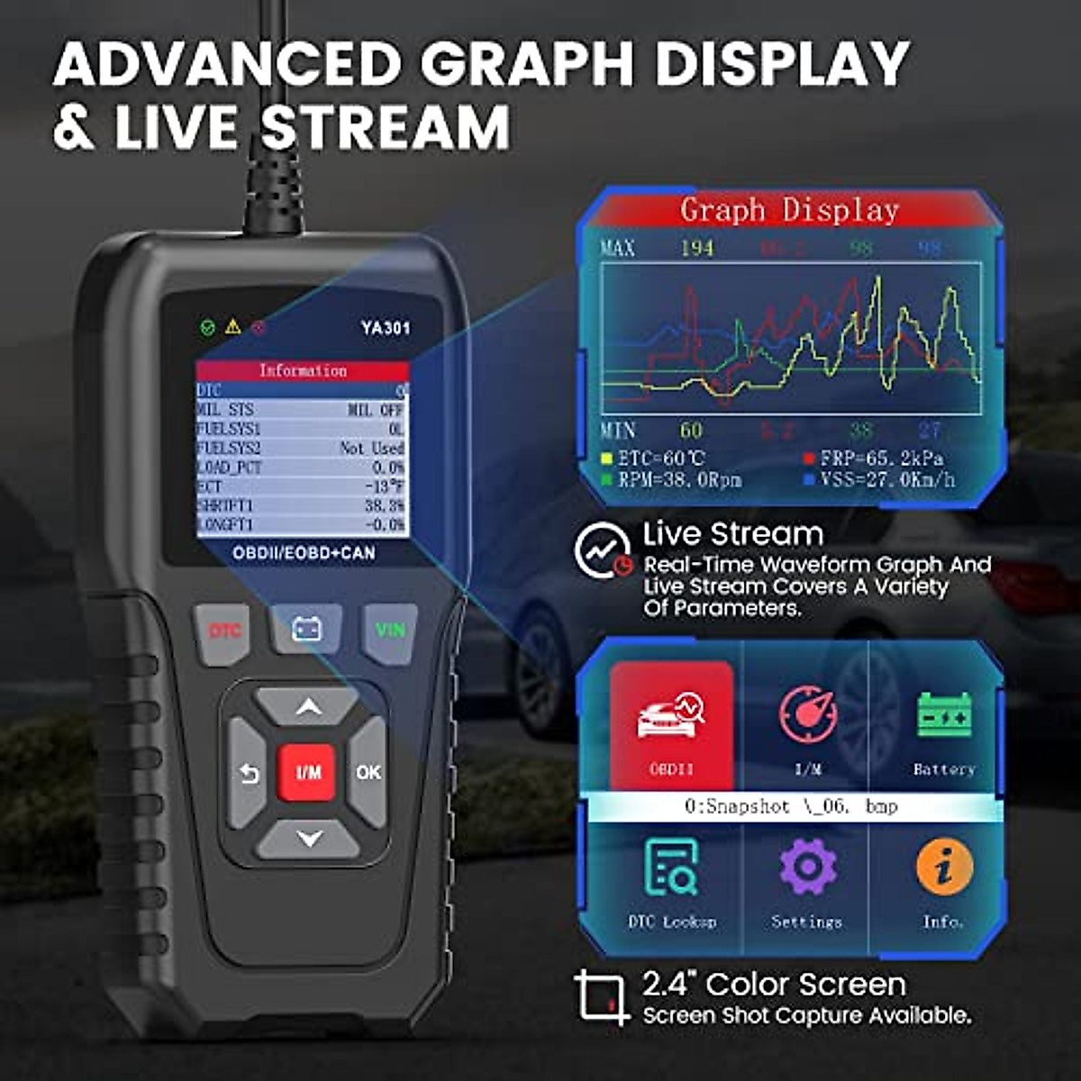 ELMCONFIG OBD2 Scanner, Car OBD2 Scanner Code Reader with 4 Shortcut Keys & Print Function Options, YA301 Upgraded Check Engine Diagnostic Tool for All OBDII Vehicles After 1996