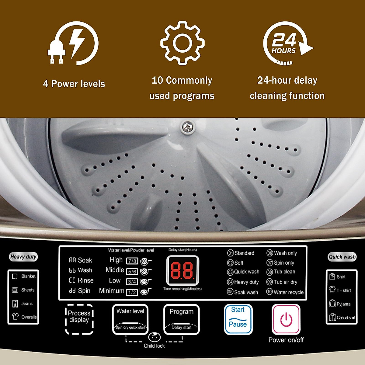 AXUTL Washing Machine Washer Machine 1.25cu.ft Apartment Dorm Laundry Compact Portable Washer Gold Full Automatic, 8 Water Levels, 10 Wash Programs