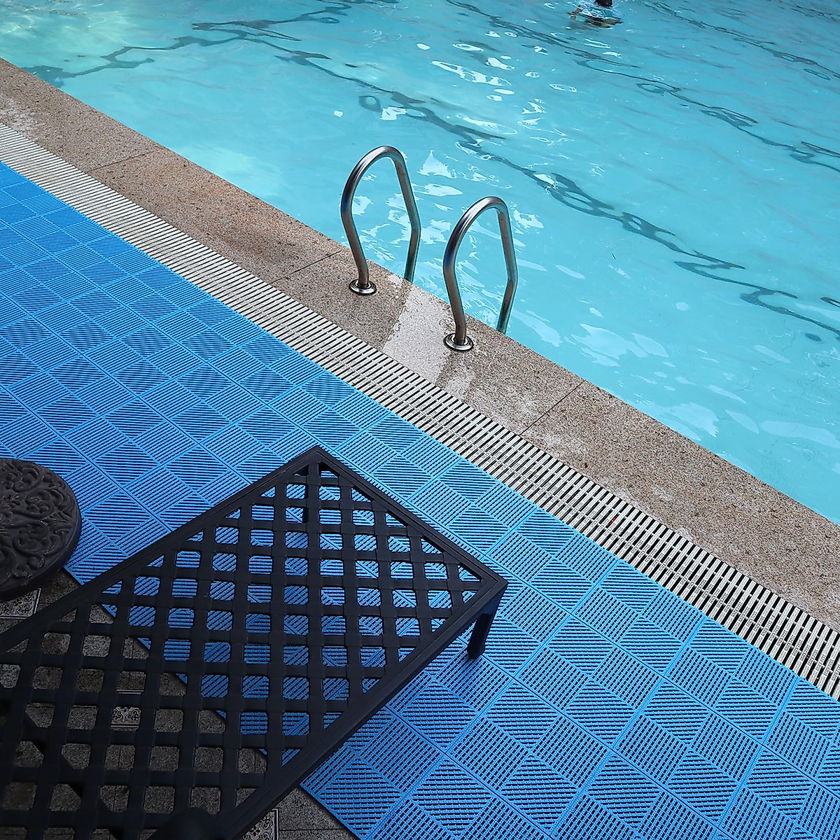 wiiiw 9 Pack Interlocking Rubber Floor Tiles Soft Non-Slip Outdoor Shower Mat with Drainage Holes for Slippery Areas, 12"×12" Blue