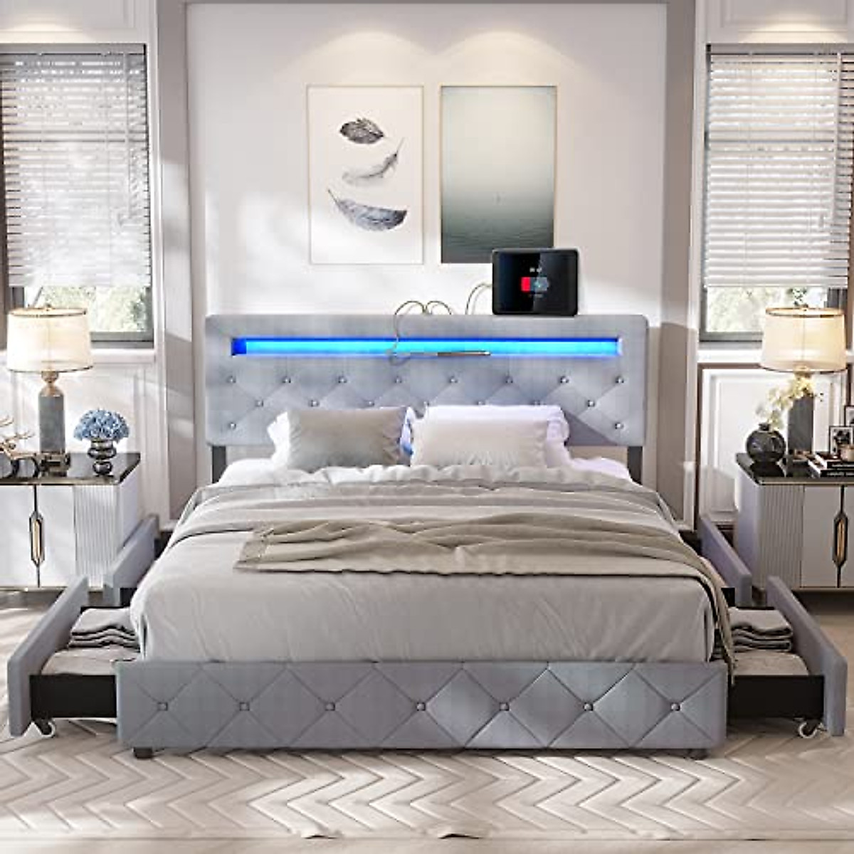 HOMFAMILIA Queen LED Bed Frame with 4 Storage Drawers and 2 USB Ports, Modern Adjustable Upholstered Button Tufted Headboard, Solid Wooden Slat Support, No Box Spring Needed(Light Grey)