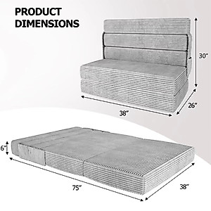 Ferlizer Folding Sofa Bed, 6" [Twin] Foldable Sofa Mattress with Back Support & Fixed Tape for Living Room & Office, Grey, 75" * 38"