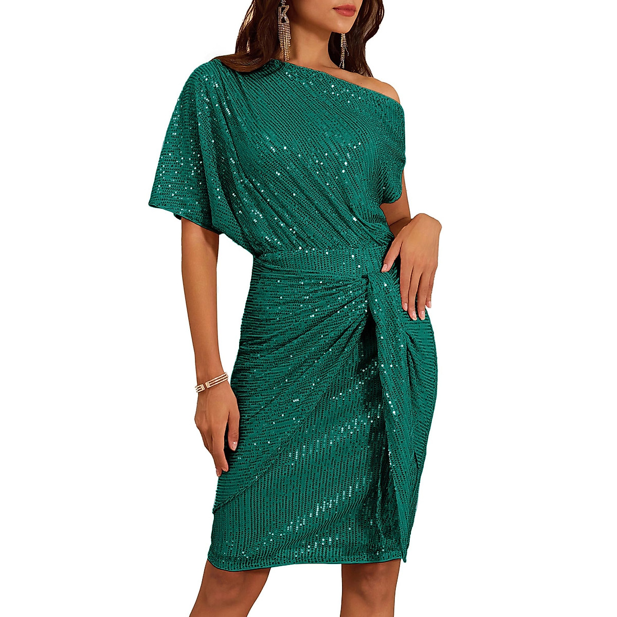 GRACE KARIN Party Dreses for Women Short Sleeve Sparkle Glitter Sequin Dresses Blue Green M