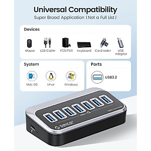 ORICO USB 3.0 Hub [5Gbps], 7 Port USB Hub with 1.64Ft USB-C Cable and USB-A Adapter, USB 3.2 Gen1 Splitter for iMac, All MacBooks, Mac Mini