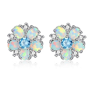 CiNily Flower Earrings,Blue Opal Stud Earrings Sterling Silver Plated Ladies Flower Stud Earrings Cute Unique Earrings