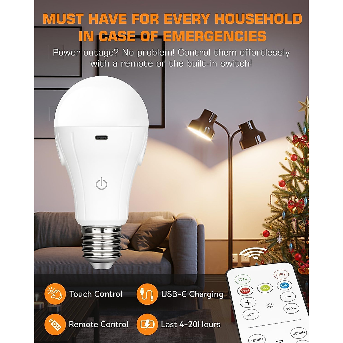 BoRccdit Battery Operated Light Bulb with Remote Control 1800K