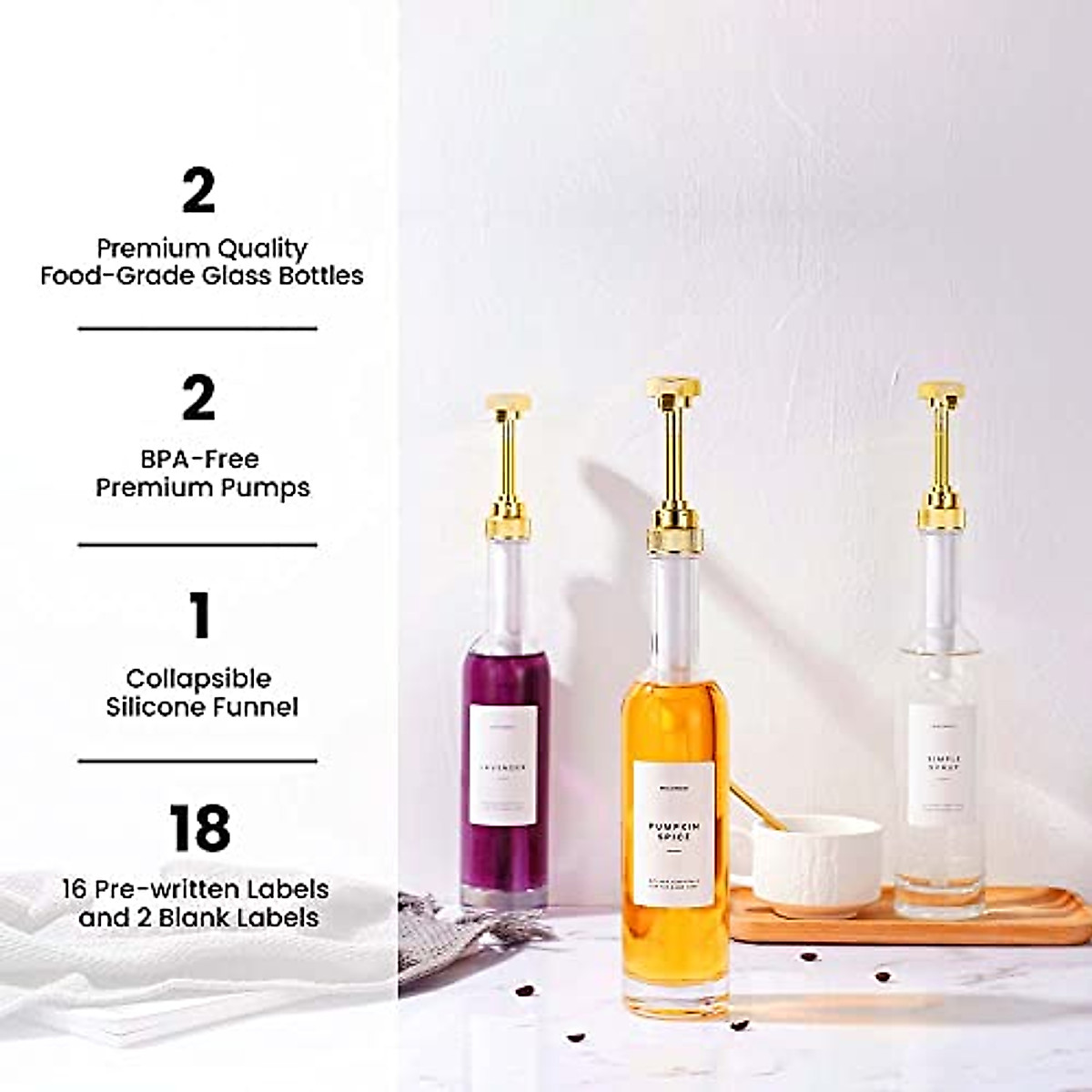 MoliMoli Coffee Syrup Dispenser for Coffee Bar, 350mlCoffee Pump Dispenser, Glass Syrup Bottle w. Pumps, Simple Syrup Dispenser w. Labels,Set of 2, (Gold)