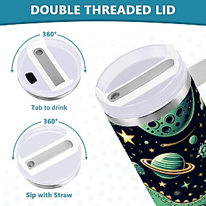 Jihqo Space Dinosaurs Green 40 oz Stainless Steel Vacuum Insulated Tumbler with Handle and Straw Lid, Leakproof Water Bottle Double Wall Travel Mug Coffee Cup, Cupholder Friendly