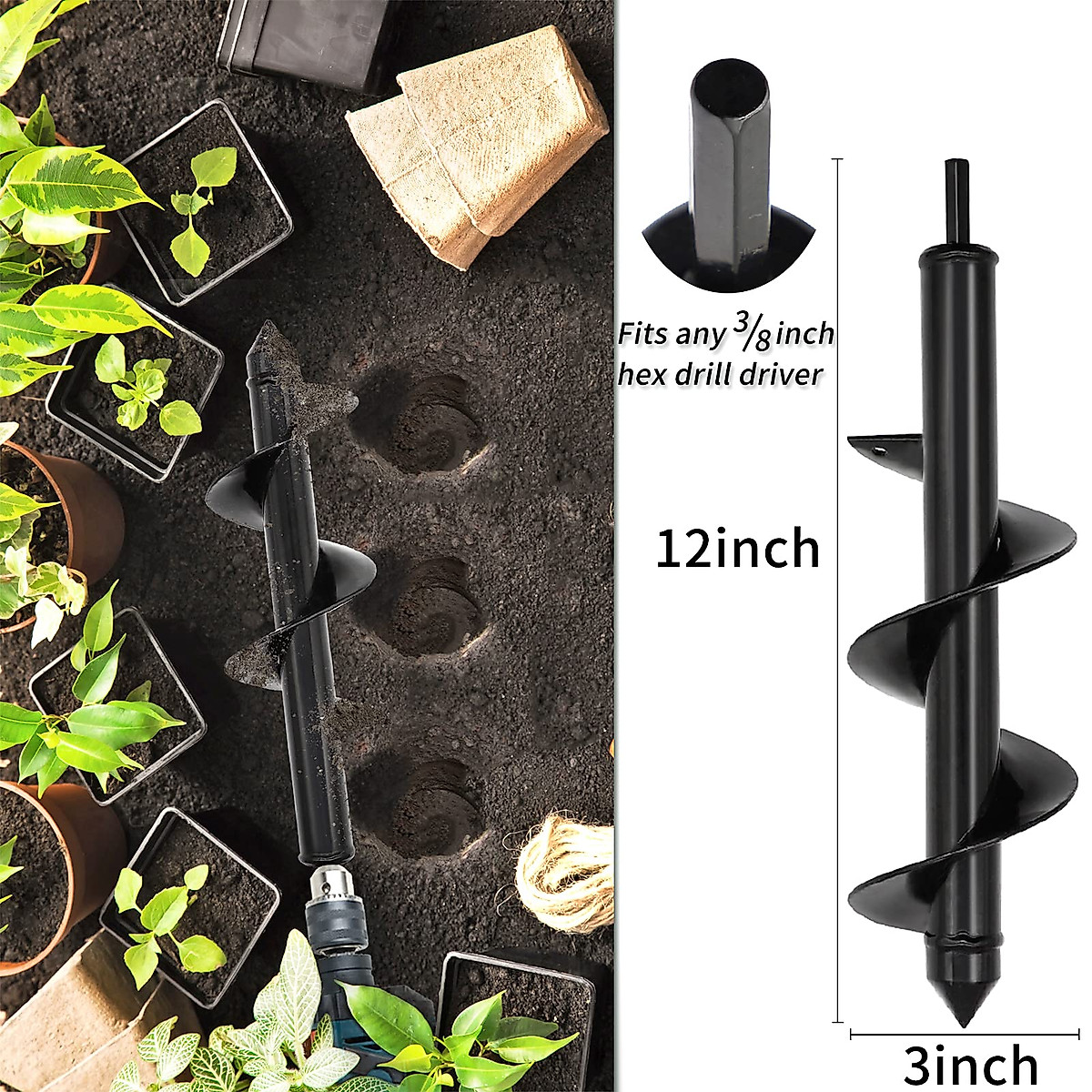 4 Set Auger Drill Bit for Planting,Heavy Duty Garden Auger Spiral Drill Bit Bulb Planter Tool for Planting Bedding Plants,Universal for Cordless Drill(1.6"x9",1.6"x16.5",3"x16.5",3"x12")