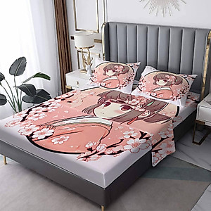Cherry Blossom Sheets Full Size, Sakura Anime Bed Sheets, Patterned Bedding Sheets & Pillowcases 4 Piece Set - Soft Microfiber Deep Pocket Fitted Sheet & Flat Sheet & 2 Pillow Cases Z9-&-198