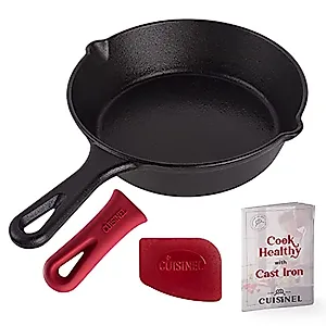 Cast Iron Skillet - 8"-Inch Frying Pan with Pour Spouts + Silicone Handle Holder Cover - Pre-Seasoned Oven Safe Cookware - Indoor/Outdoor Use - Grill, BBQ, Stovetop, Firepit, Gas and Induction Safe
