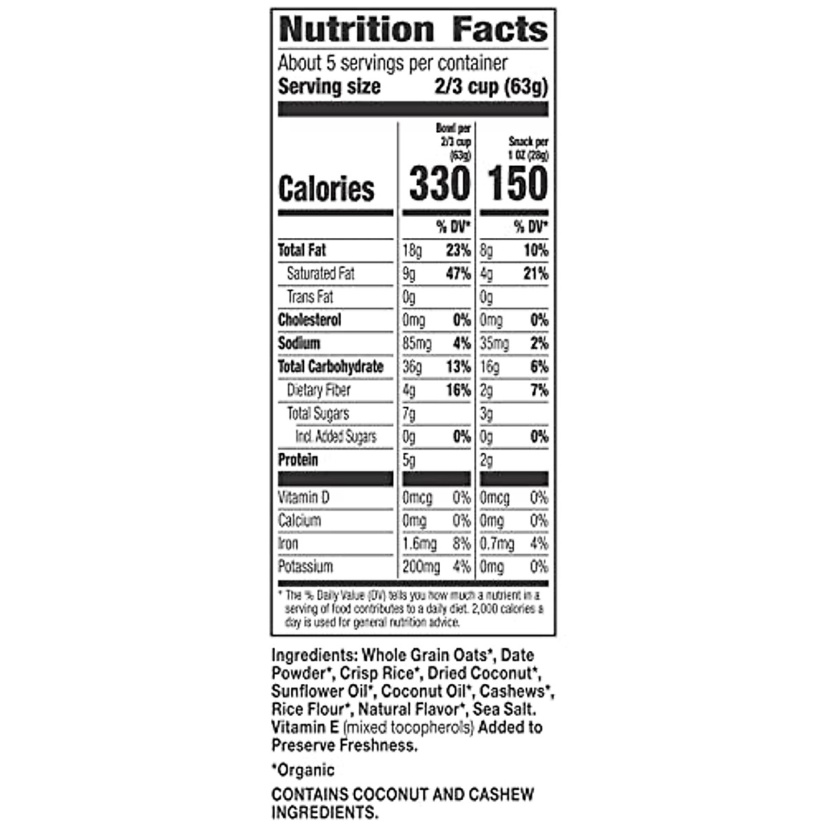 Cascadian Farm Organic Granola with No Added Sugar, Coconut Cashew Cereal, Resealable Pouch, 11 oz.