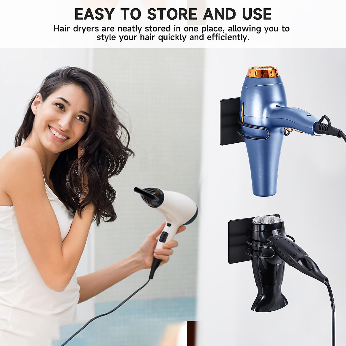 Hair Dryer Holder Wall Mounted, Hairdryer Holder for Bathroom, Blow Dryer Holder Black, Stainless Steel Hair Tool Organizer for Hair Dryer Hanger, Adhesive Hair Dryer Storage, Blow Dryer Organizer