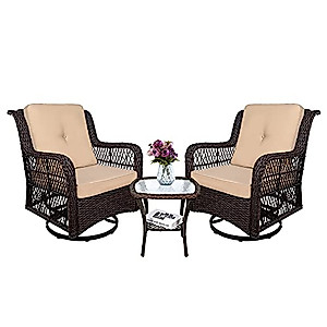 MEETWARM 3-Piece Patio Wicker Conversation Bistro Set Cushioned, Outdoor Swivel Rocking Chairs Rattan Furniture Sets with Thickened Cushion and Glass-Top Coffee Table (Beige)