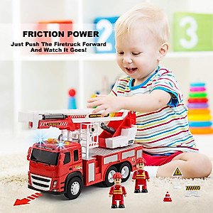Fire Truck Playset - 1:12 Scale Large Size Toys - Realistic Fire Engine, 3 Firemen, Road Signs, Lights, Sounds - Friction-Powered Fire Truck Toys for 3 Year Old Boys, Girls, Toddlers Age 3 4 5