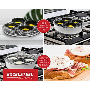 EXCELSTEEL Non Stick Easy Use Rust Resistant Home Kitchen Breakfast Brunch Induction Cooktop Egg Poacher, 4 Cups, 18/10 Stainless Steel