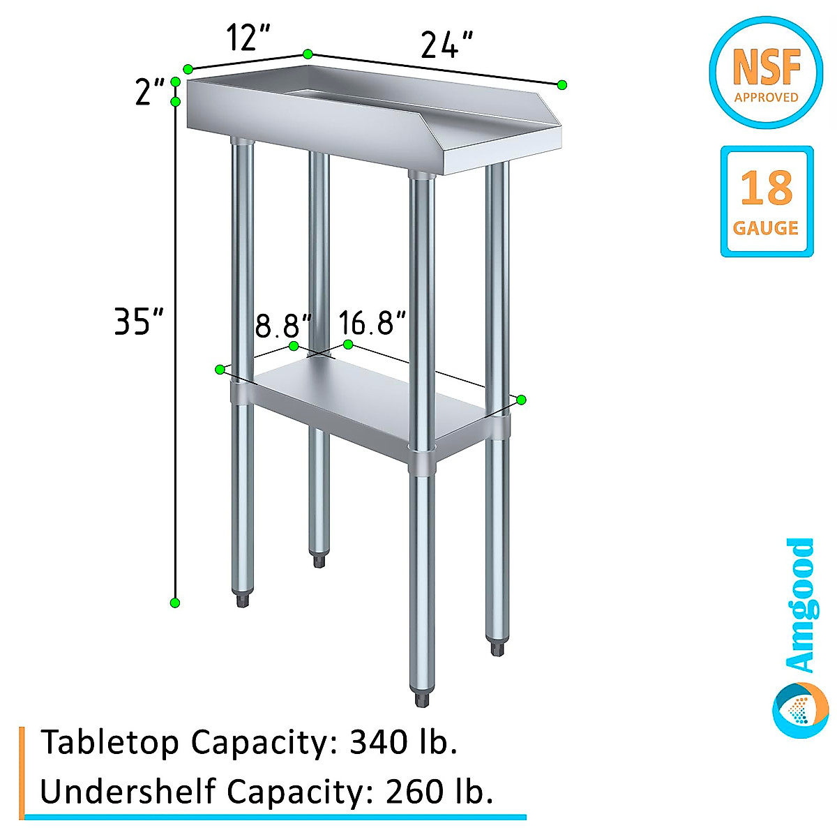 AmGood Commercial Work Table with Backsplash and Sidesplashes | NSF (Stainless Steel Table with Sideguards, 12" Long x 24" Deep)