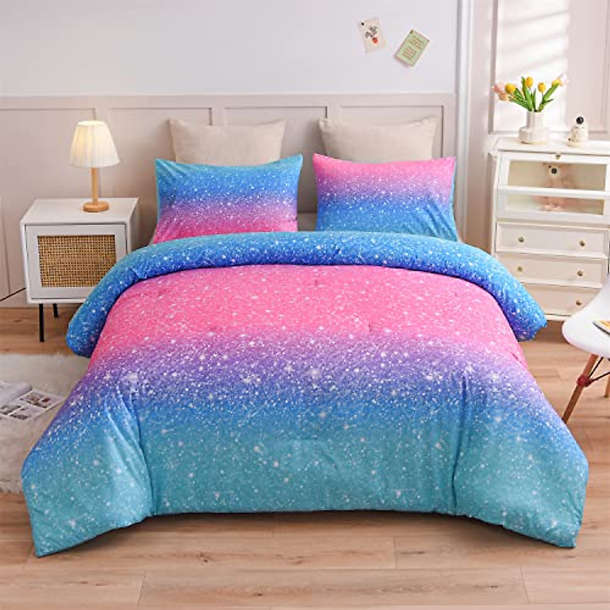 Holawakaka Kids Space Star Glitter Comforter Set Ombre Pink & Blue Print Gradient Bedding Set Twin Size (Pink Blue, Twin)