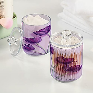 Kigai 2PCS Purple Tulips Qtip Holder Dispenser with Lids - 14 oz Bathroom Storage Organizer Set, Clear Apothecary Jars Food Storage Containers, for Tea, Coffee, Cotton Ball, Floss