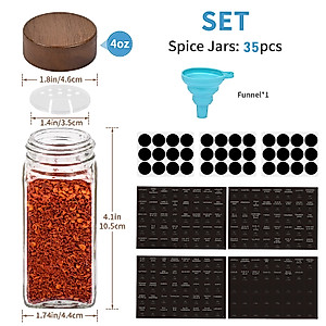 Yangbaga 35Pcs Glass Spice Jars with Labels，4oz Empty Square Spice Bottles with acacia wood lid & Shaker Lids and Silicone Collapsible Funnel Included