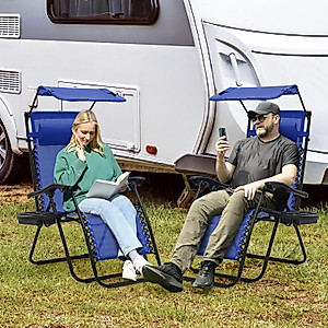 Magshion Set of 2 Outdoor Zero Gravity Chair Reclining Lounger with Sun Shade and Mesh Back, Cup Holder & Side Table, Support 300lbs, Blue