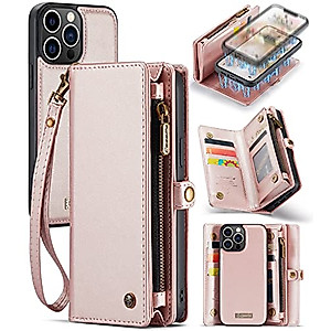 CASEME for iPhone 13 Pro Max Case Wallet Case Cover for Women Men Girls Durable 2 in 1 Detachable Premium Leather with 8 Card Holder Slots Magnetic Zipper Pouch Flip Lanyard Strap Wristlet - Rose Gold
