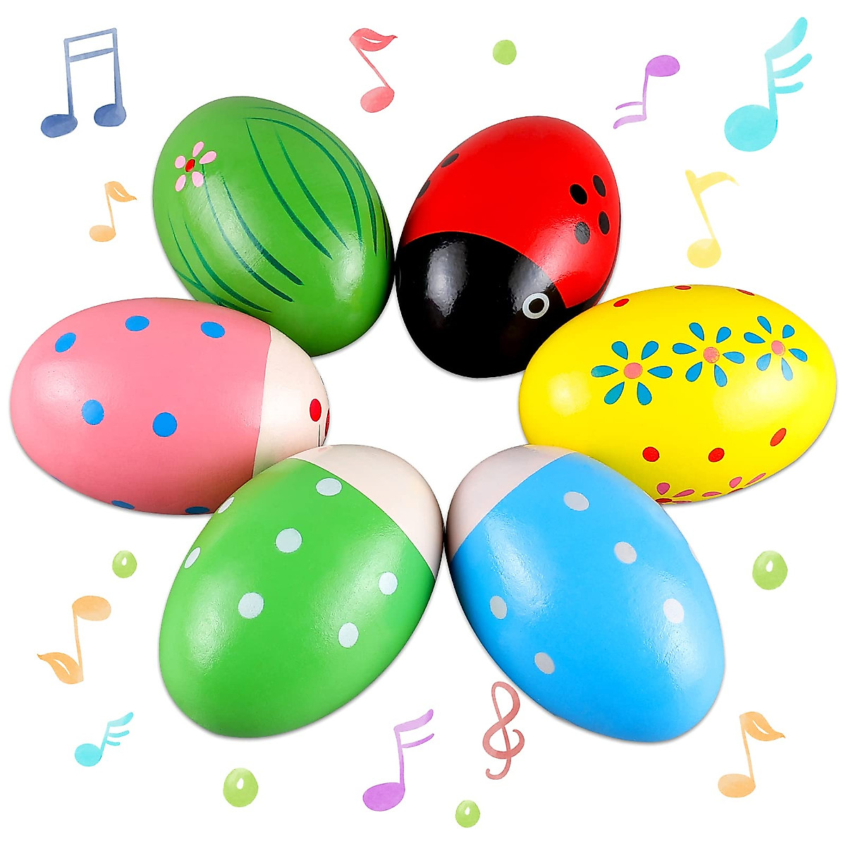 LOOIKOOS Wooden Egg Shakers Maracas Percussion Musical for Party Favors Easter Basket Stuffers for Babies Shaker Eggs for Toddlers(6pcs)