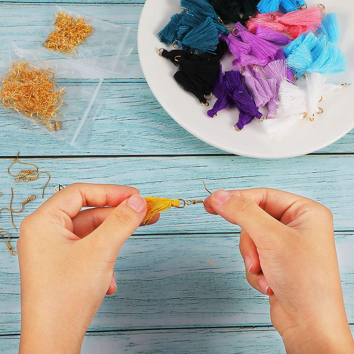 120 Pieces DIY Tassels Multicolored Mini Tassels Charm with 100 Pieces Gold Plated Earring Hooks and 200 Jump Rings for Earring Jewelry Making DIY Craft Accessory