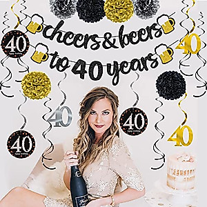 40th Birthday Decorations Kit for Men Women, Cheers to 40 Years Banner with Pom Poms Flowers, 40th Sparkling Hanging Swirl Decorations for 40th Birthday Wedding Party Supplies Decorations