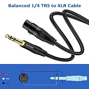 DREMAKE Balanced Cable 20 Foot TRS 6.35mm (1/4 Inch) Male to XLR Female Mic Cable for Amplifier, Speakers - Black