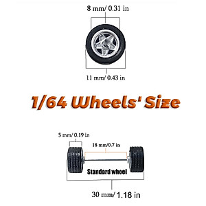 1/64 wheels and Tires Kit to Upgrade Mainline Diecast Model Cars, Premium Car Culture Real Riders Series, ABS and Rubber Material Detail-up Accessories 4 Standard 0.43In and 1 Off-Road 0.55In in A Box
