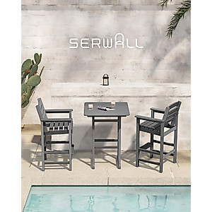 SERWALL Balcony Adirondack Chairs and Table 3 Pieces Set, Adirondack Bar Height Chairs Set of 2 and Bar Table, Outdoor Bar Stools Set, Gray