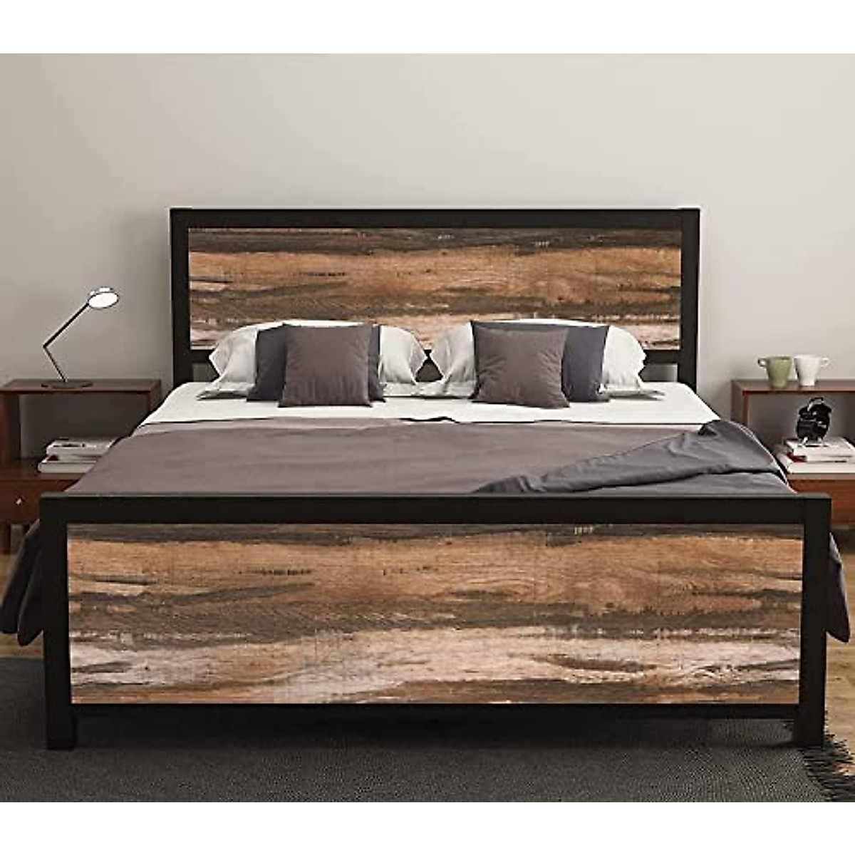 Full Size Bed Frames with Headboard Full Platform Bed Frame Rustic Wood Platform Metal Bed Frame Full Size Bed Frames with Storage No Box Spring Needed Heavy Duty Slat Support (Industrial Brown, Full)