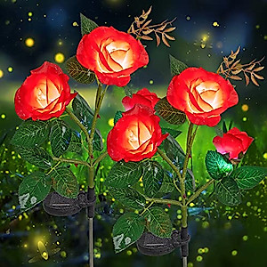 Hopolon Solar Decorative Flowers Lights 2Pack,Outdoor Solar Garden Lights with 6 Rose Flowers,7-Color Changing Solar Powered Landscape Lights Waterproof for Yard Patio Lawn Pathway (Red)