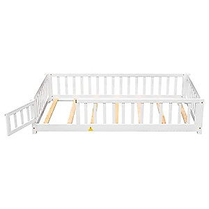 Twin Floor Bed for Kids, Montessori Bed Frame with Fence-Shaped Guardrails, Support Slats and Door, Wood Floor Twin Bed for Kids,Toddler,Boys Girls, No Box Spring Needed(White, Twin Bed Frame)