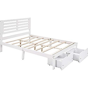 SOFTSEA Full Platform Bed Frame with Drawers, Full Size Bed with Headboard/Slat Support/Mattress Foundation for Kids Teen, No Box Spring Needed (Full, White)