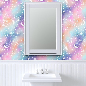 Peel & Stick Wallpaper Swatch - Celestial Rainbow Boho Nursery Ombre Pastel Stars Moon Clouds Night Sky Multicolor Custom Removable Wallpaper by Spoonflower