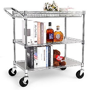 YNN Metal Utility Rolling Cart, 990lbs Capacity 3 Tier Heavy Duty NSF Rolling Chrome Trolley Cart with Wheels & Wire Shelving & Handle Bar-Storage Carts on Wheels for Kitchen, Office, Outdoor,Serving