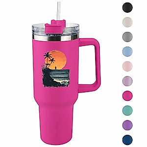 LB LEOBON 40 ounce insulated cup with handle, double-layer vacuum stainless steel material, equipped with straw, can keep warm or maintain cold drinks Neone Poppe Sunset 2 Bright pink