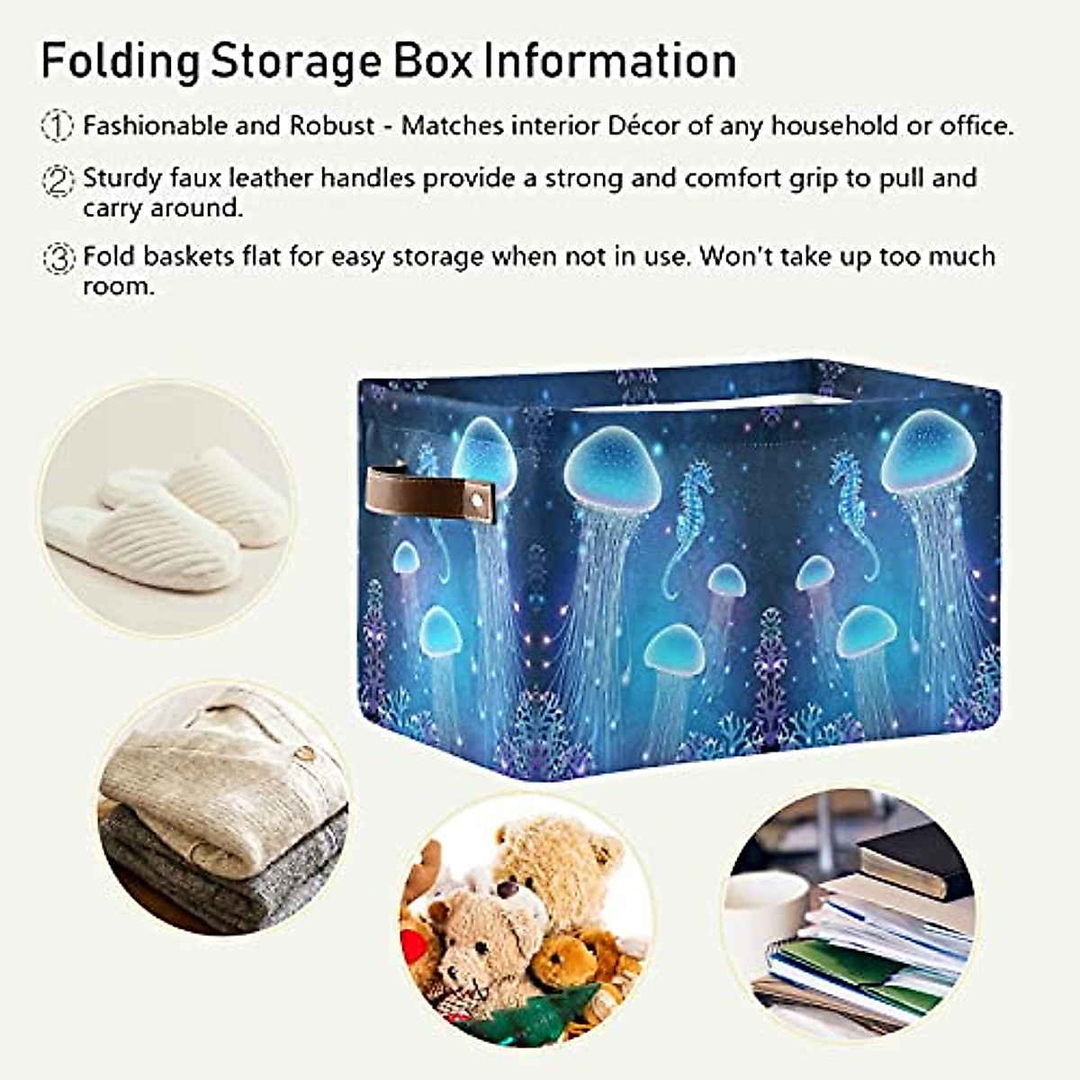 Oyihfvs Glowing Blue Jellyfish Underwater Seahorse World Square Shelves Storage Basket Bin, Waterproof Laundry Hamper Bucket, Baby Nursery Organizer with Handles for Toys Clothes Room Closets