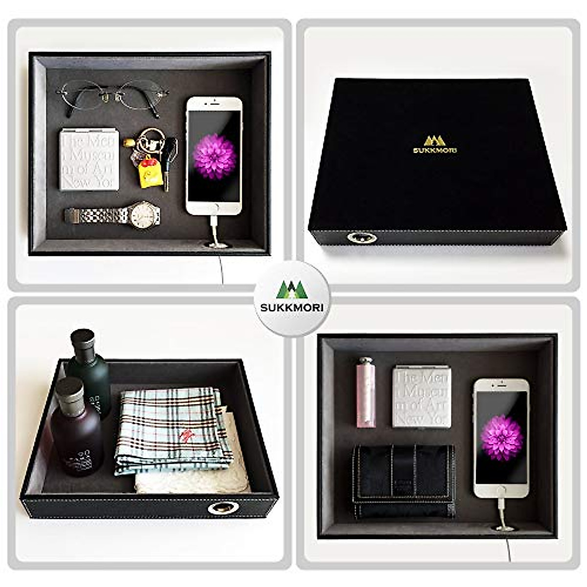 SUKKMORI Valet Tray Desk Organizer - PU Leather Nightstand Organizer for Men and Women, Dresser Tray, Catchall Tray for Key Jewelry Accessories, Vanity Tray Box, Bedside Table Charging Station