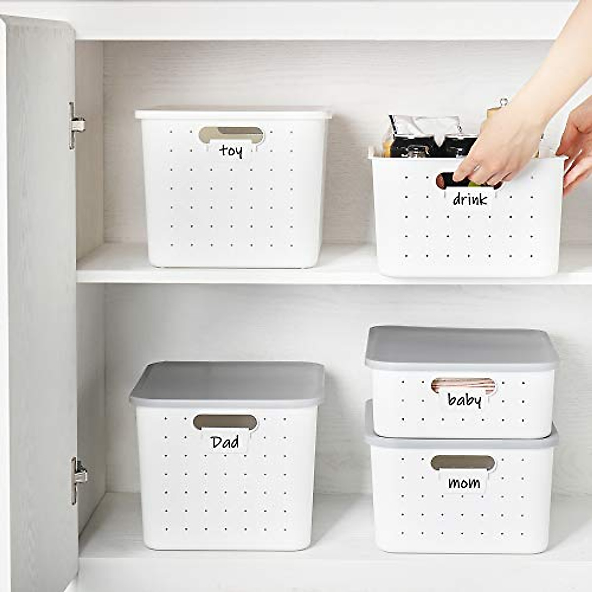 vacane 3 Pack Plastic Storage Bins with White Lids, Storage Baskets for Organizing Container Stackable Storage Box with Handle for Shelves Closet Office Classroom, 14 x 10 x 8 inch