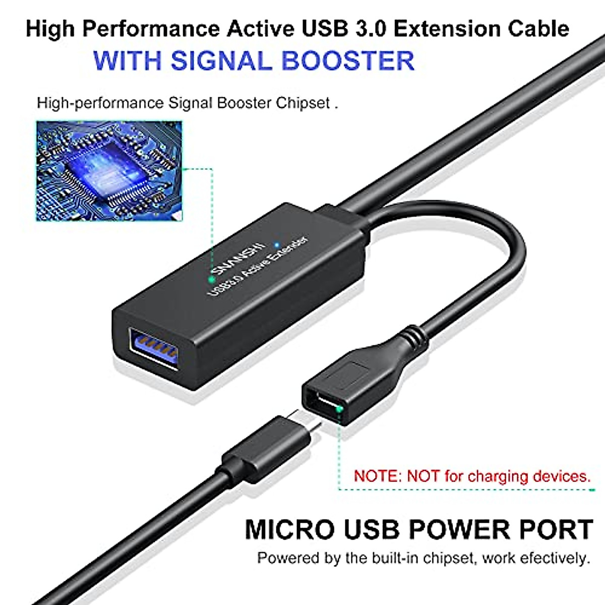 SNANSHI Active USB 3.0 Extension Cable 30 ft, Active USB Extension Cable with Signal Booster Compatible with Oculus Rift, Oculus Quest/Quest 2 VR, Xbox one, Keyboard,Flash Drive, Hard Drive etc
