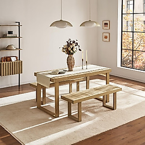 mopio Bruno Outdoor Dining Set, Solid Acacia Wood Patio Table & Chairs Set for Indoor Outdoor Dining, Mid Century Modern Farmhouse Conversation Sets (4 Seater: Table, 2 Benches | 3 Piece)