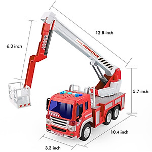 Fire Truck Toys with Siren Lights and Sounds, 1:16 Scale Fire Engine Truck for 3-5 year old Boys Extending Rescue Rotating Ladder Pull Back Toy Trucks for Kids 3 4 5 6 7 8 Years Old Birthday Xmas Gift