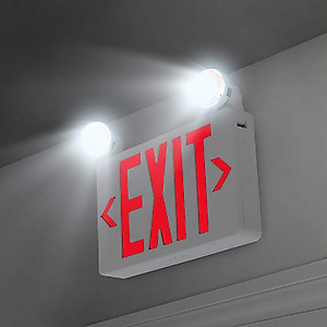 LFI Lights | Compact Combo Red Exit Sign with Emergency Lights | White Housing | All LED | Two Adjustable Round Heads | Hardwired with Battery Backup | UL Listed | (2 Pack) | COMBOC-R