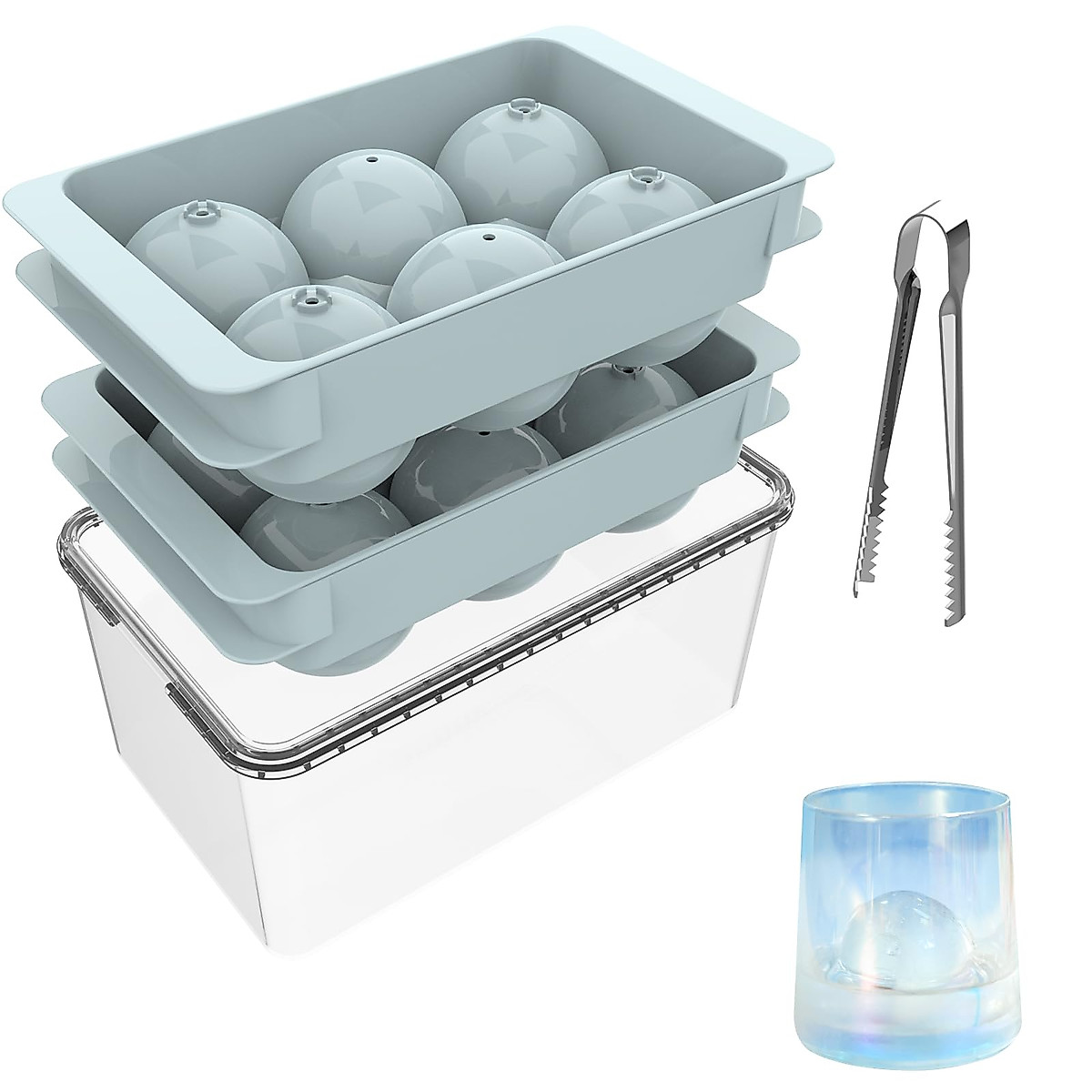 Toobimen Ice Cube Tray with Lid&Bin, 1.9'' Whiskey Ice Mold, 2Pack Ice Ball Maker Mold, Large Ice Cube Trays with Tong, Easy Fill & Release Making Ice Balls for Whiskey Cocktails Bourbon (Blue)