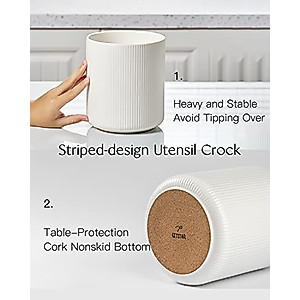Getstar Utensil Holder, Large Kitchen Utensil Holder for Kitchen Counter (H7.2” x W6.2”), Ceramic Cooking Utensil Holder with Cork Mat, Kitchen Decor for Counter (White, Utensils Not Included)