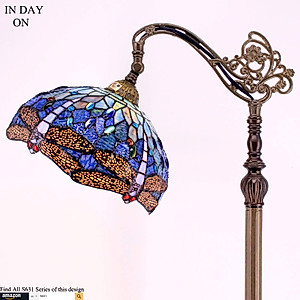 WERFACTORY Tiffany Floor Lamp Blue Stained Glass Dragonfly Arched Lamp 12X18X64 Inches Gooseneck Adjustable Corner Standing Reading Light Decor Bedroom Living Room S631 Series