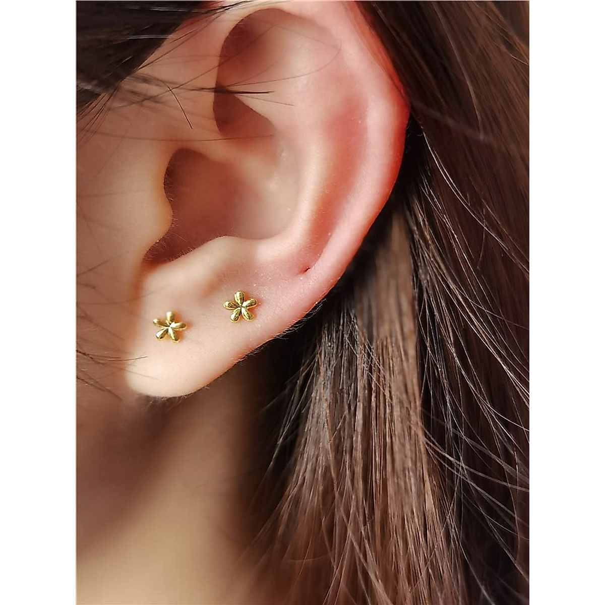 18G Tiny Flower Stud Cartilage Earrings for Women Girls 925 Sterling Silver Mini Cute Daisy 3mm Ball Barbell Screw Back Studs Sleeper Tragus Post Minimalist Hypoallergenic Piercing Body Jewelry (Gold)